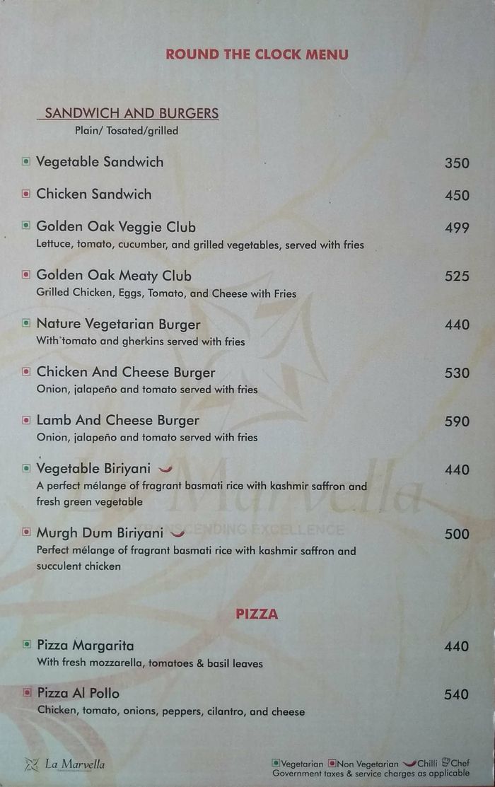 Golden Oak - La Marvella Hotel Menu and Price List for Jayanagar ...