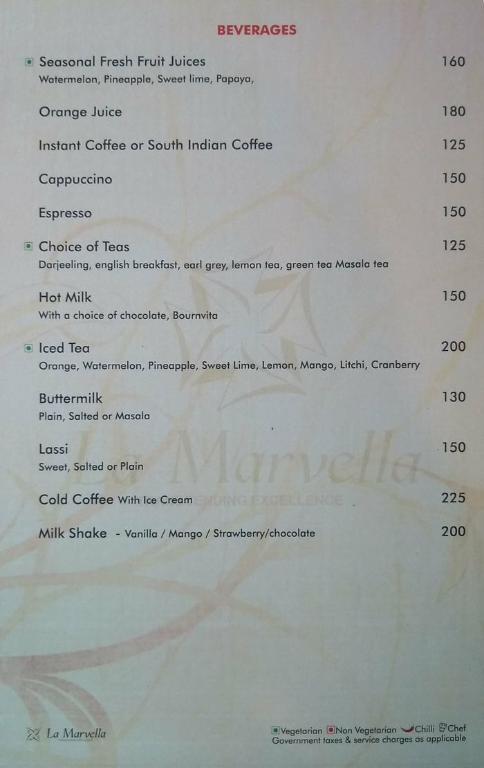 Golden Oak - La Marvella Hotel Menu and Price List for Jayanagar ...