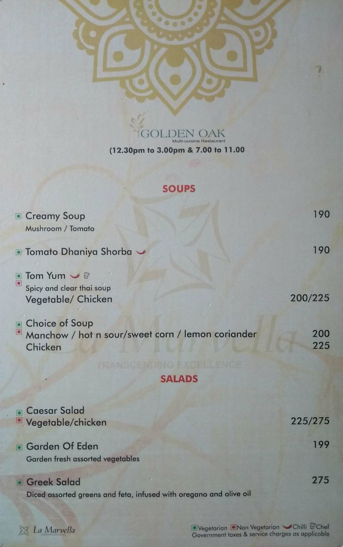 Golden Oak - La Marvella Hotel Menu and Price List for Jayanagar ...