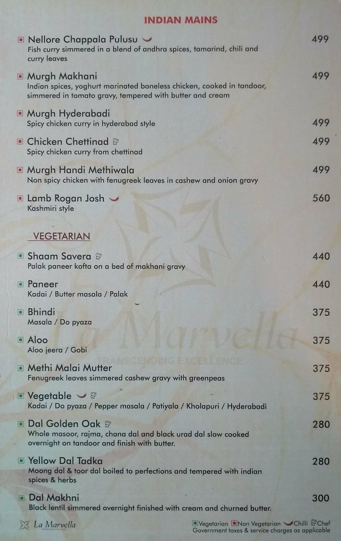 Golden Oak - La Marvella Hotel Menu and Price List for Jayanagar ...