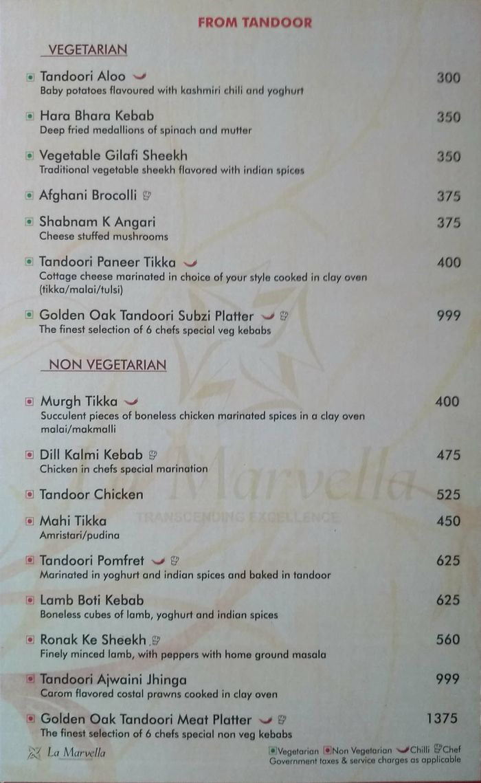 Golden Oak - La Marvella Hotel Menu and Price List for Jayanagar ...