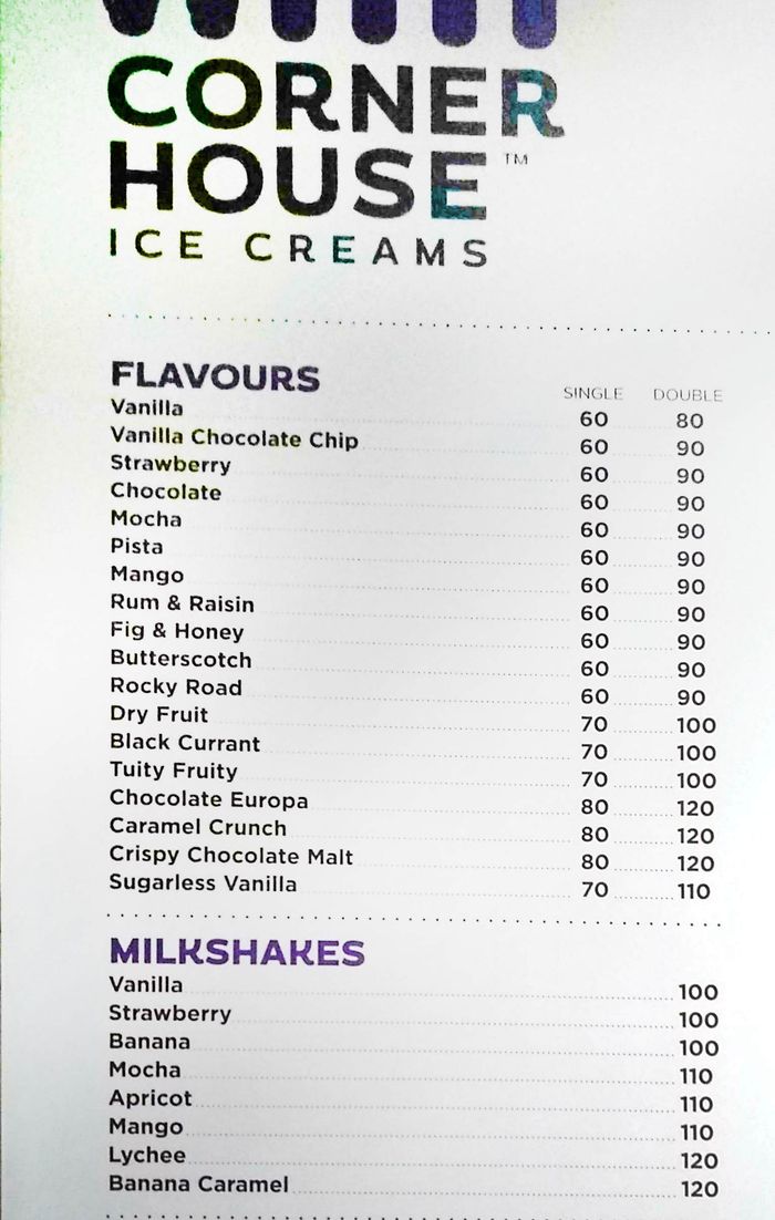 Corner House Ice Cream Menu And Price List For Indiranagar Bengaluru