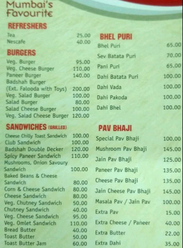 Badshah Menu and Price List for Kalbadevi, Mumbai | nearbuy.com