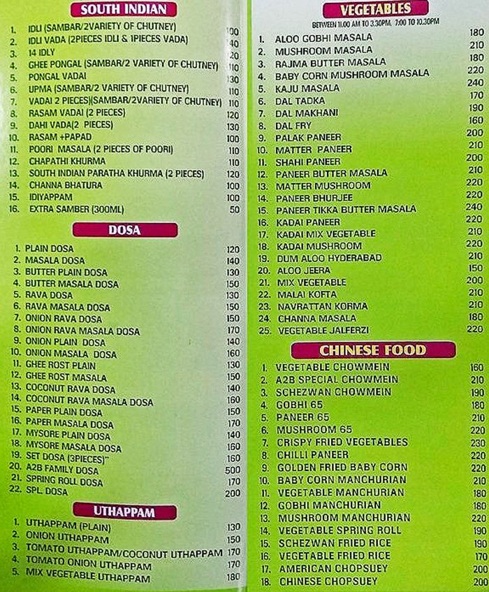 A2B - Adyar Ananda Bhavan Menu and Price List for Anna Nagar, Chennai ...