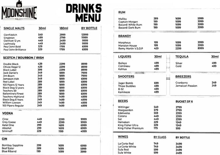 The Moonshine Project Menu and Price List for Jubilee Hills, Hyderabad ...