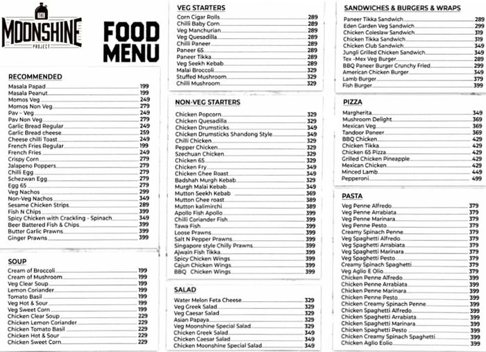 The Moonshine Project Menu and Price List for Jubilee Hills, Hyderabad ...