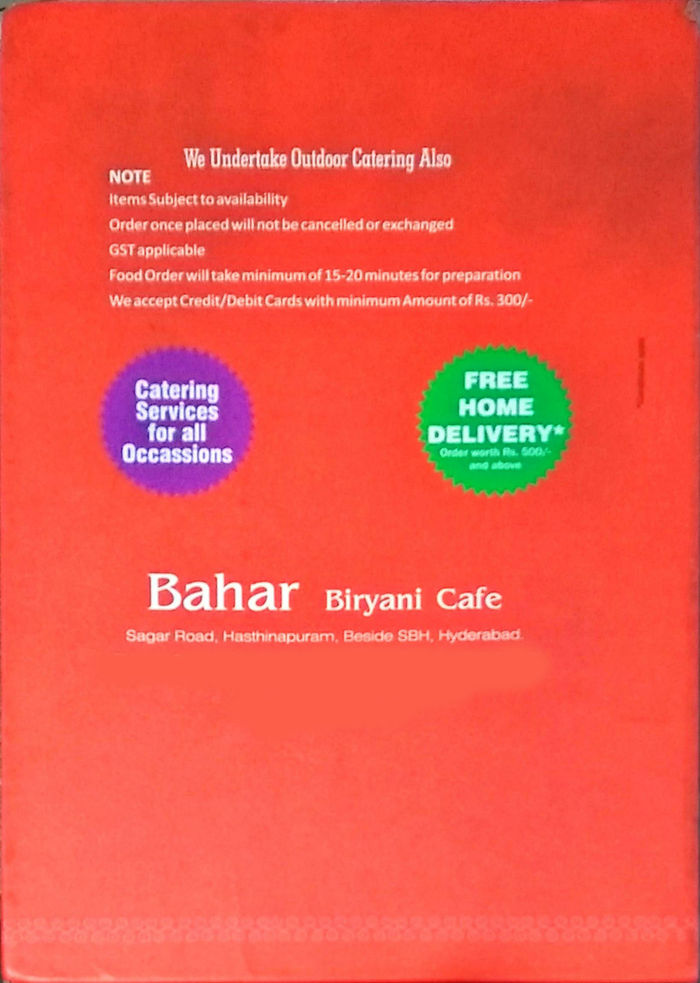 Bahar Biryani Cafe Menu and Price List for Vanasthalipuram, Hyderabad ...