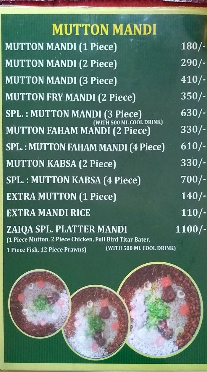 Zaiqa Arabian Food Court Menu and Price List for Santhosh Nagar ...