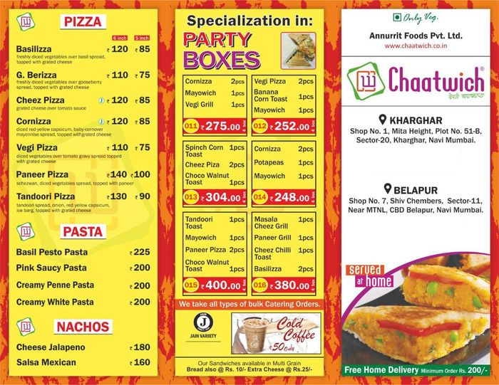 Chaatwich Menu and Price List for Kharghar, Navi Mumbai | nearbuy.com