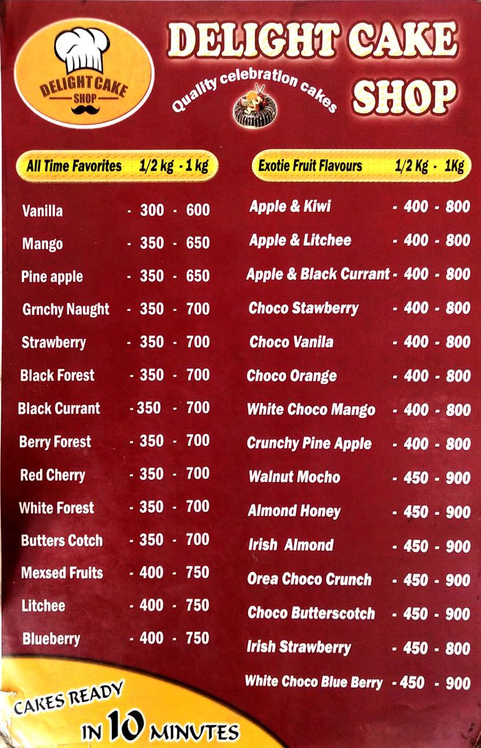 Delight Cake Shop Menu and Price List for Peravallur, Chennai | nearbuy.com