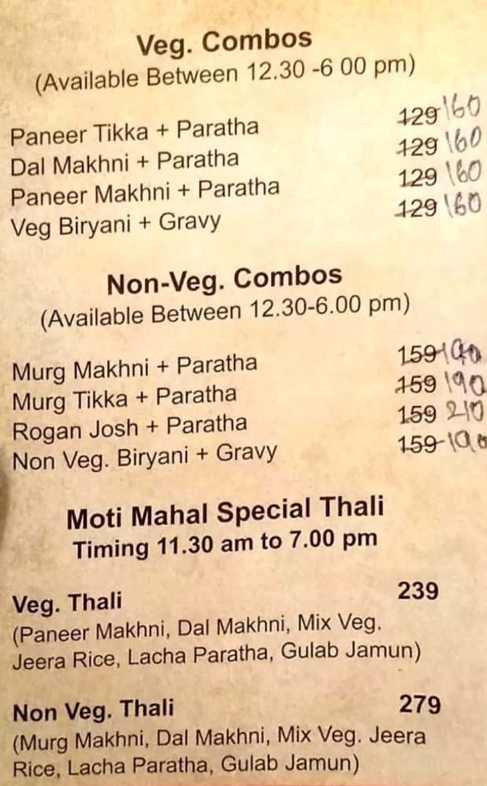 Moti Mahal Delux- Legendary Culinary Menu and Price List for Malviya ...