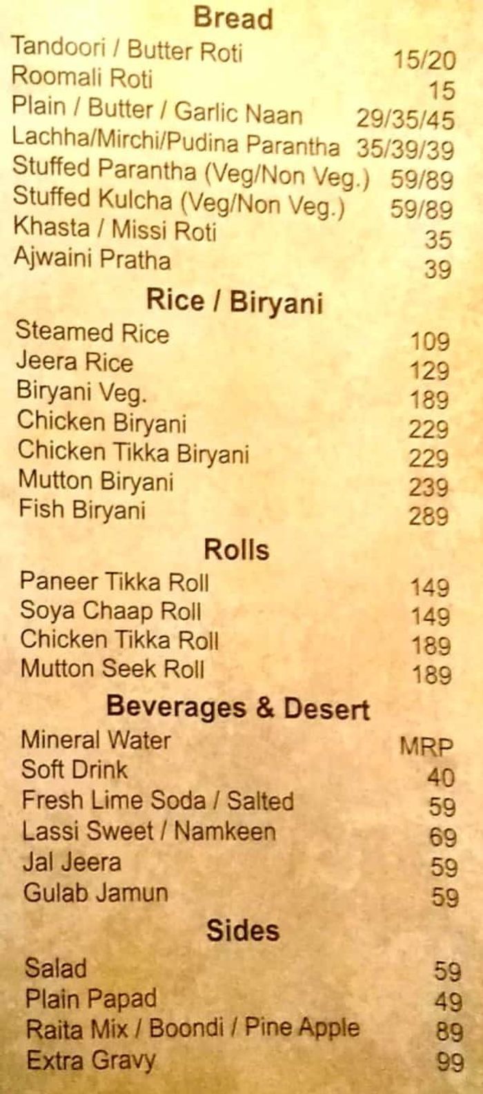 Moti Mahal Delux- Legendary Culinary Menu and Price List for Malviya ...