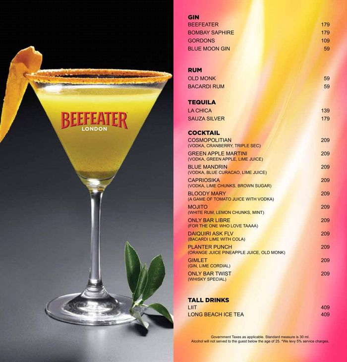 Only Bar Restaurant Menu and Price List for Nehru Place, New Delhi ...