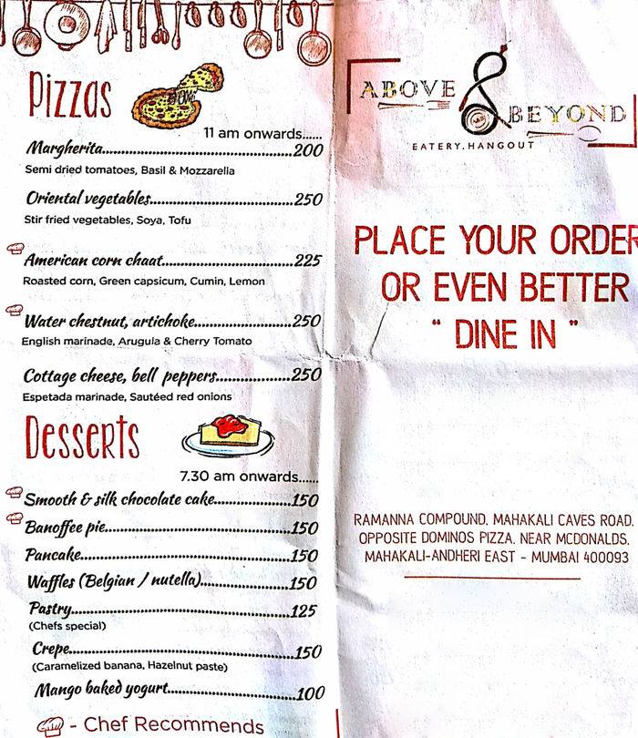 Above & Beyond Menu and Price List for Andheri East, Mumbai | nearbuy.com